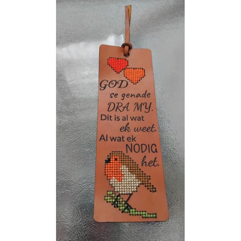 Handcrafted Veg Tan Leather Cross Stitch Bookmark Kit – God se Genade